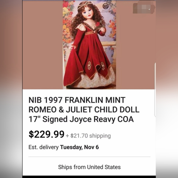 Franklin Mint | Other | Little Juliet Porcelain Doll Franklin Mint Doll ...